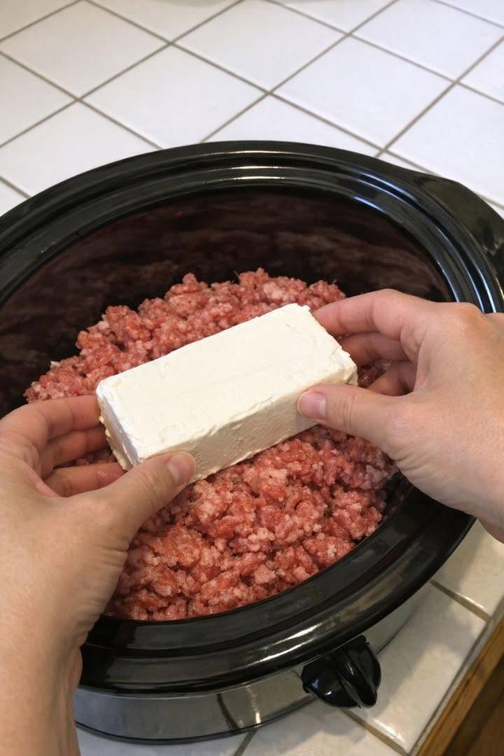 placing a block of cream cheese directly on top of raw ground beef and ...
